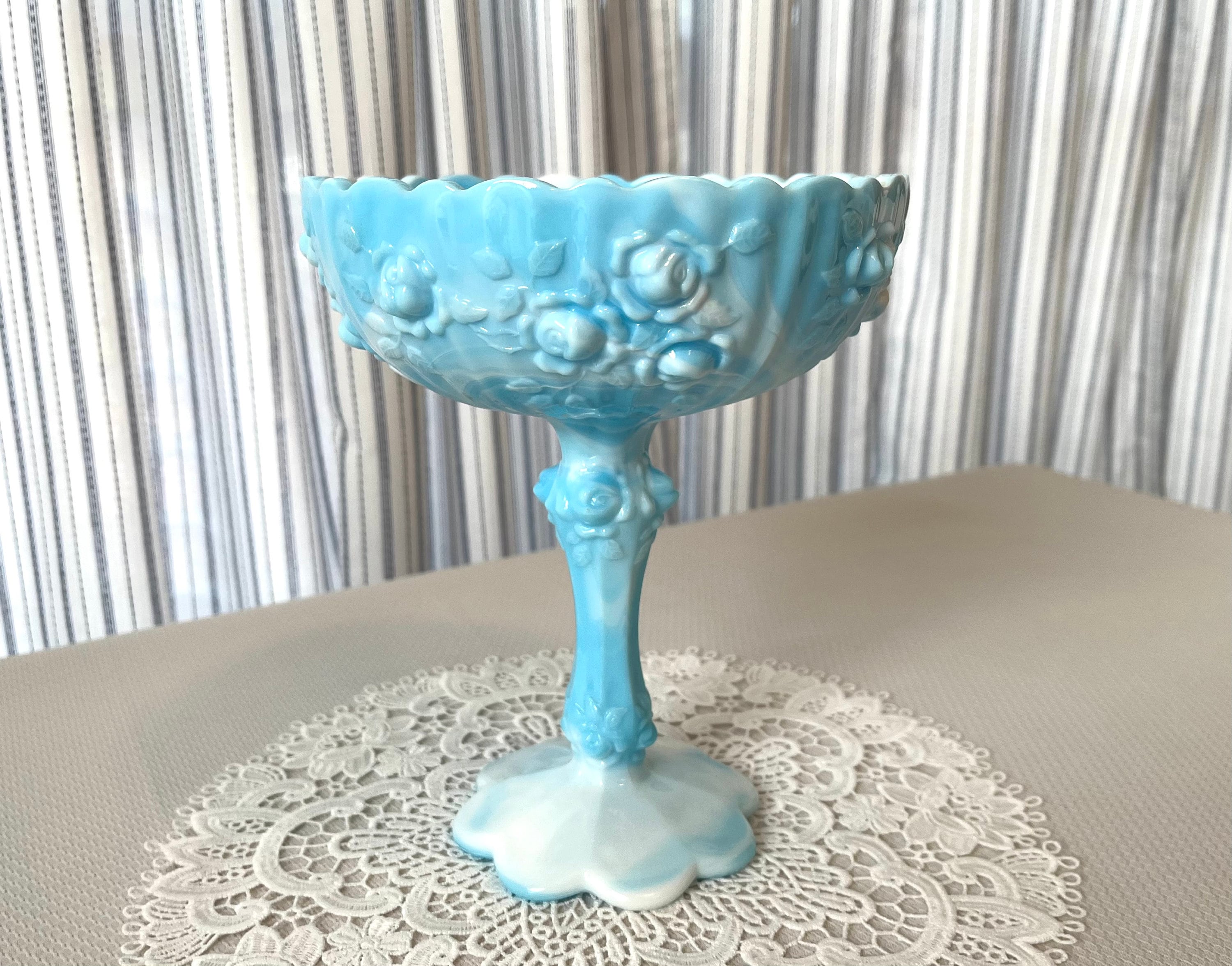 Fenton Blue Cabbage and Rose Pattern Slag Glass Compote Pedestal Dish ...
