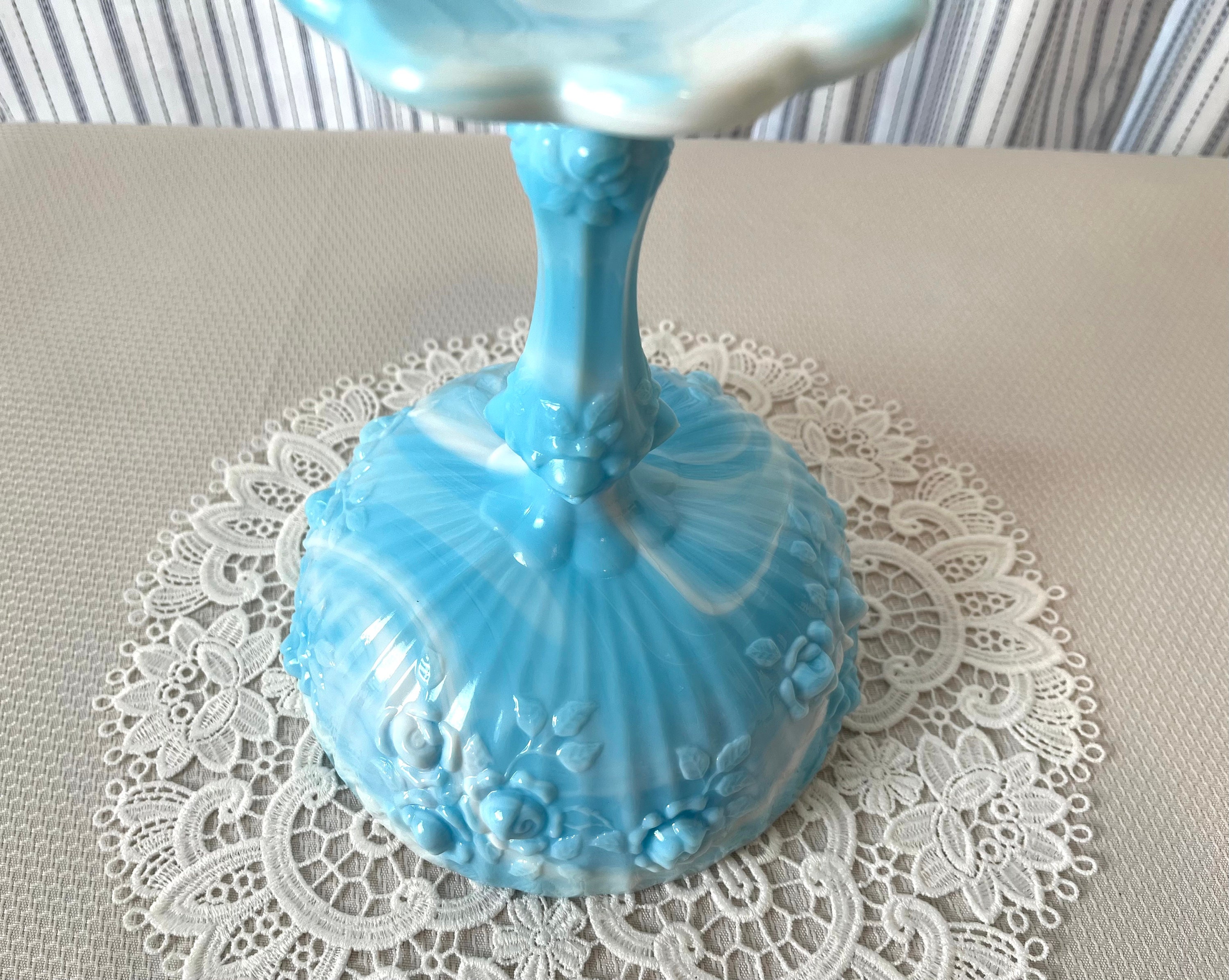 Fenton Blue Cabbage and Rose Pattern Slag Glass Compote Pedestal Dish ...