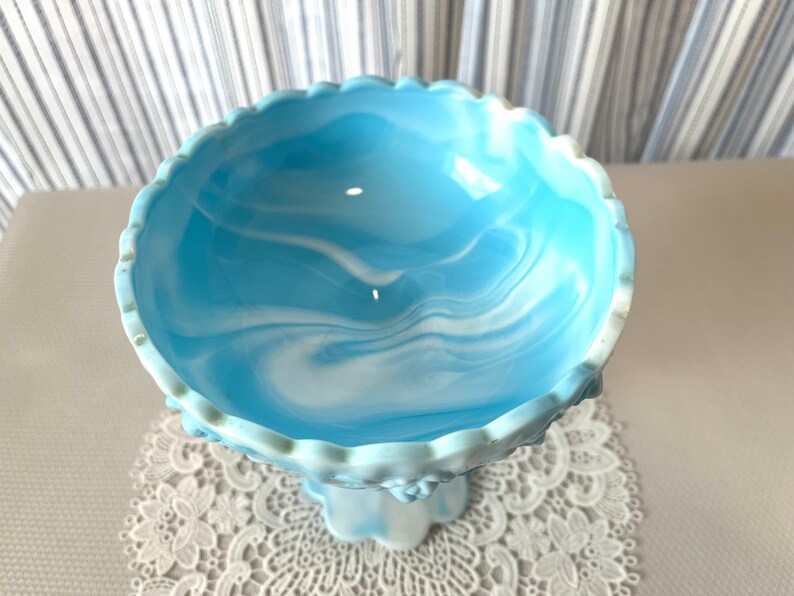 Fenton Blue Cabbage and Rose Pattern Slag Glass Compote Pedestal Dish ...