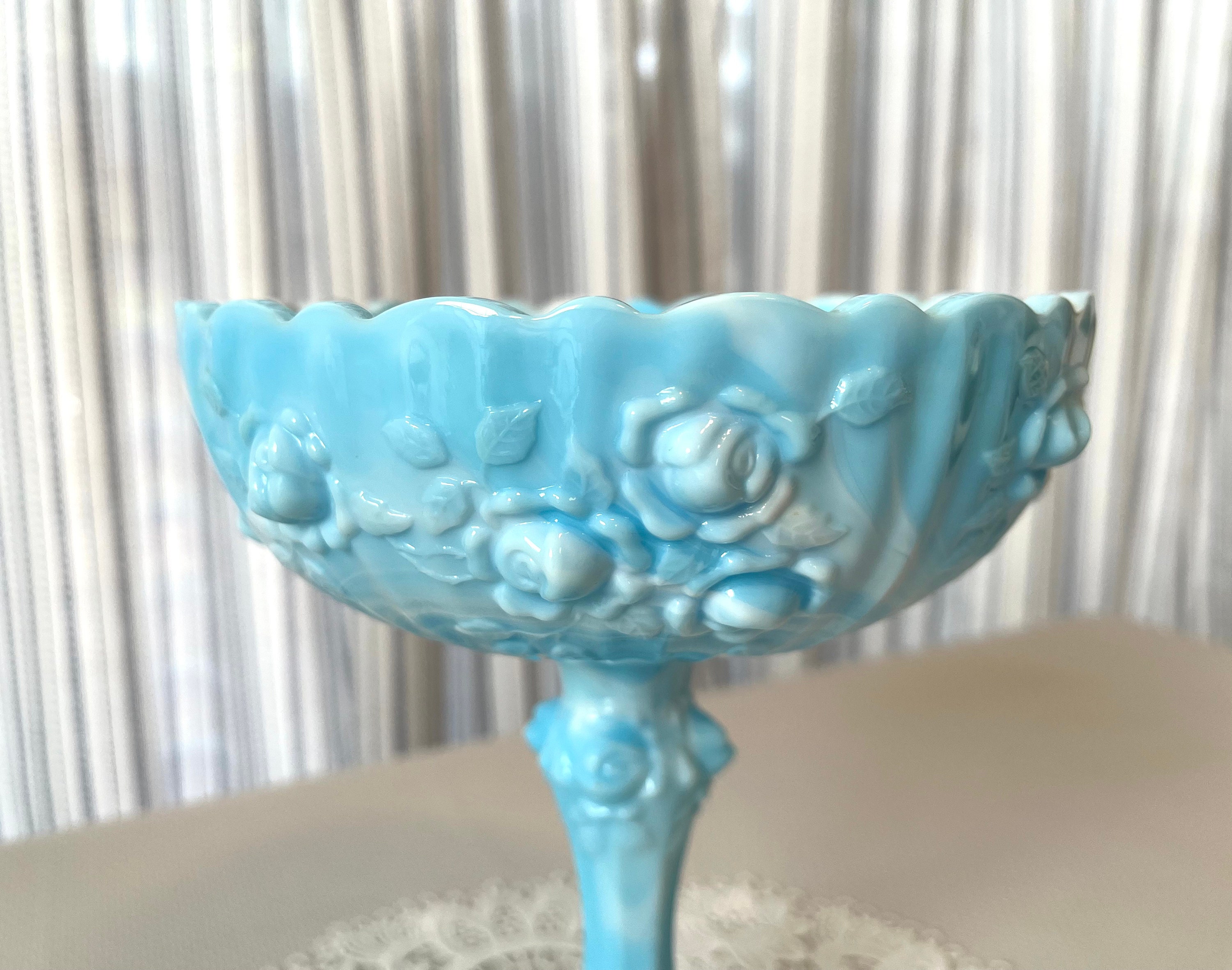 Fenton Blue Cabbage and Rose Pattern Slag Glass Compote Pedestal Dish ...