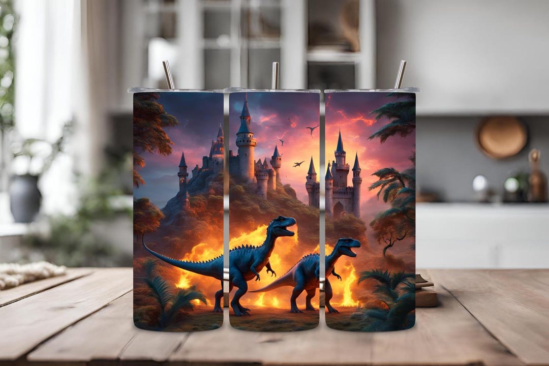 Gothic Dinosaurs and Castle Design Pattern20 Oz Tumbler Wrap Design-no ...