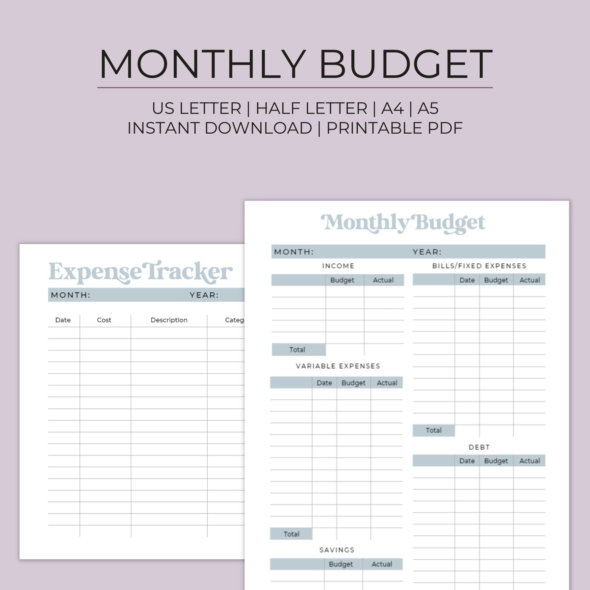 Monthly Budget Printable Expense and Income Tracker, Personal Budget ...