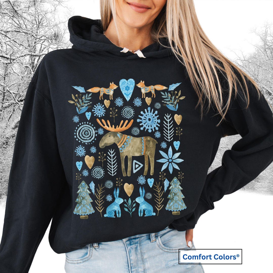 Scandinavian Christmas Moose Hoodie, Comfort Colors® Nordic Sweater for ...
