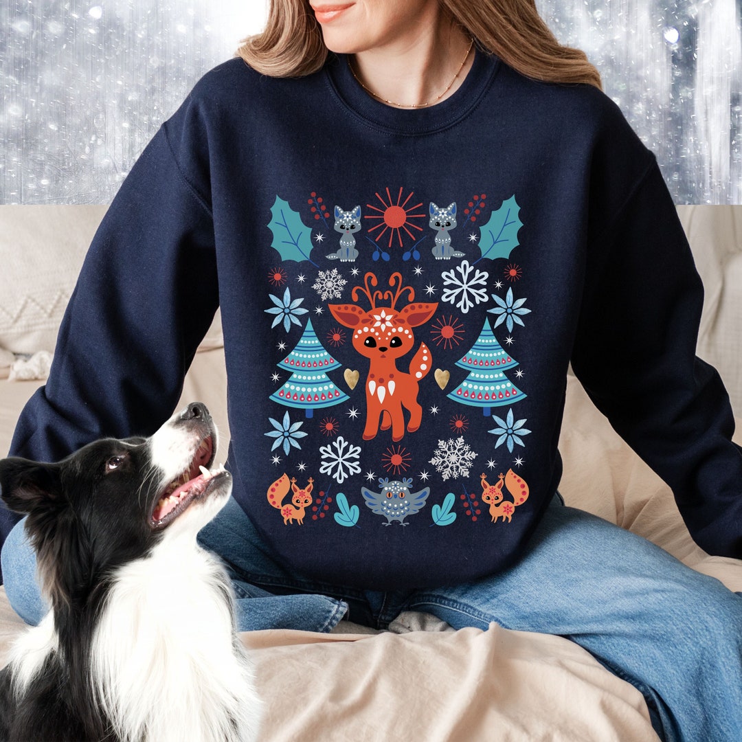 Scandinavian Christmas Reindeer Sweatshirt, Norwegian Folk Art Crew ...