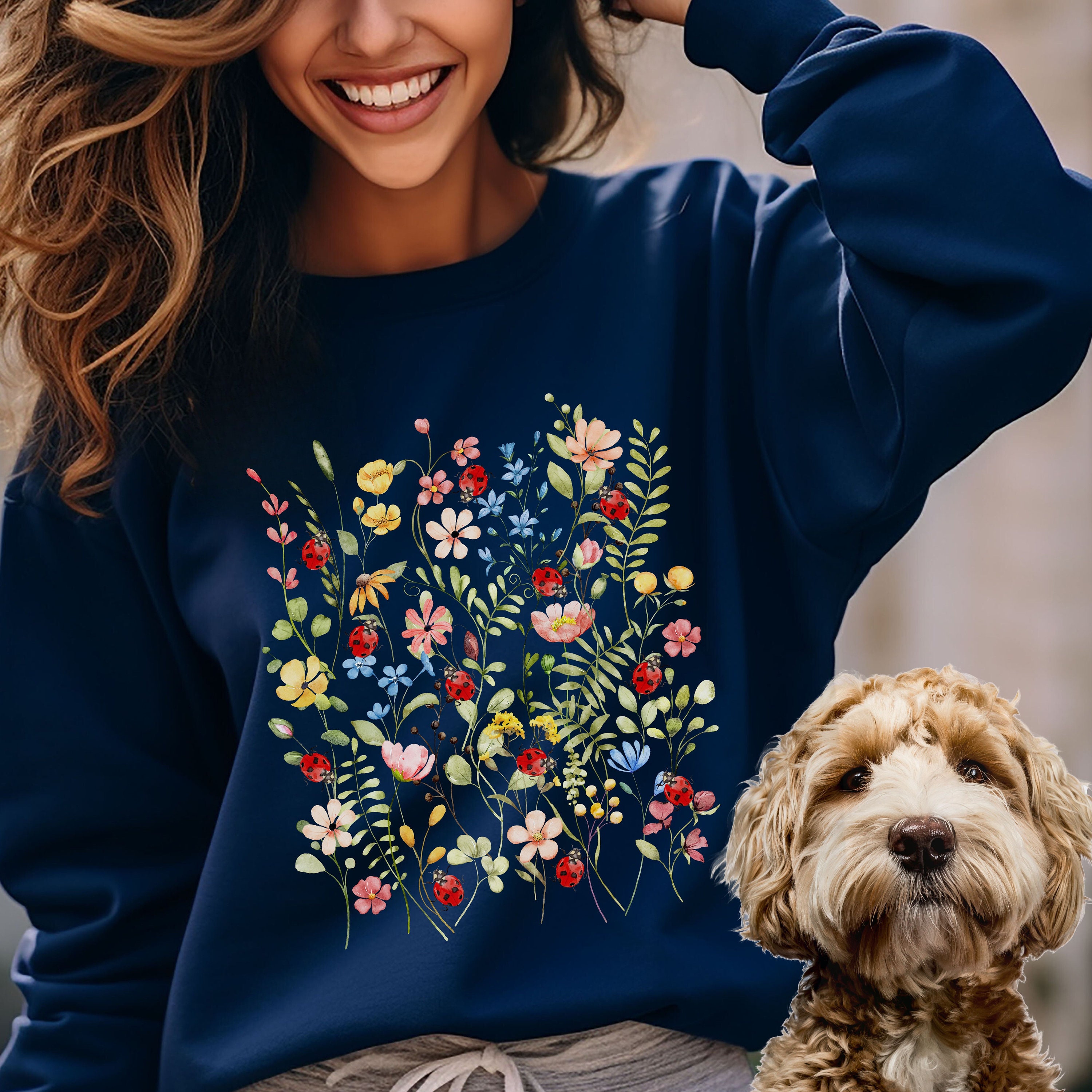 Cottagecore Wildflowers Ladybug Sweatshirt, Flower Sweatshirt, Flower ...