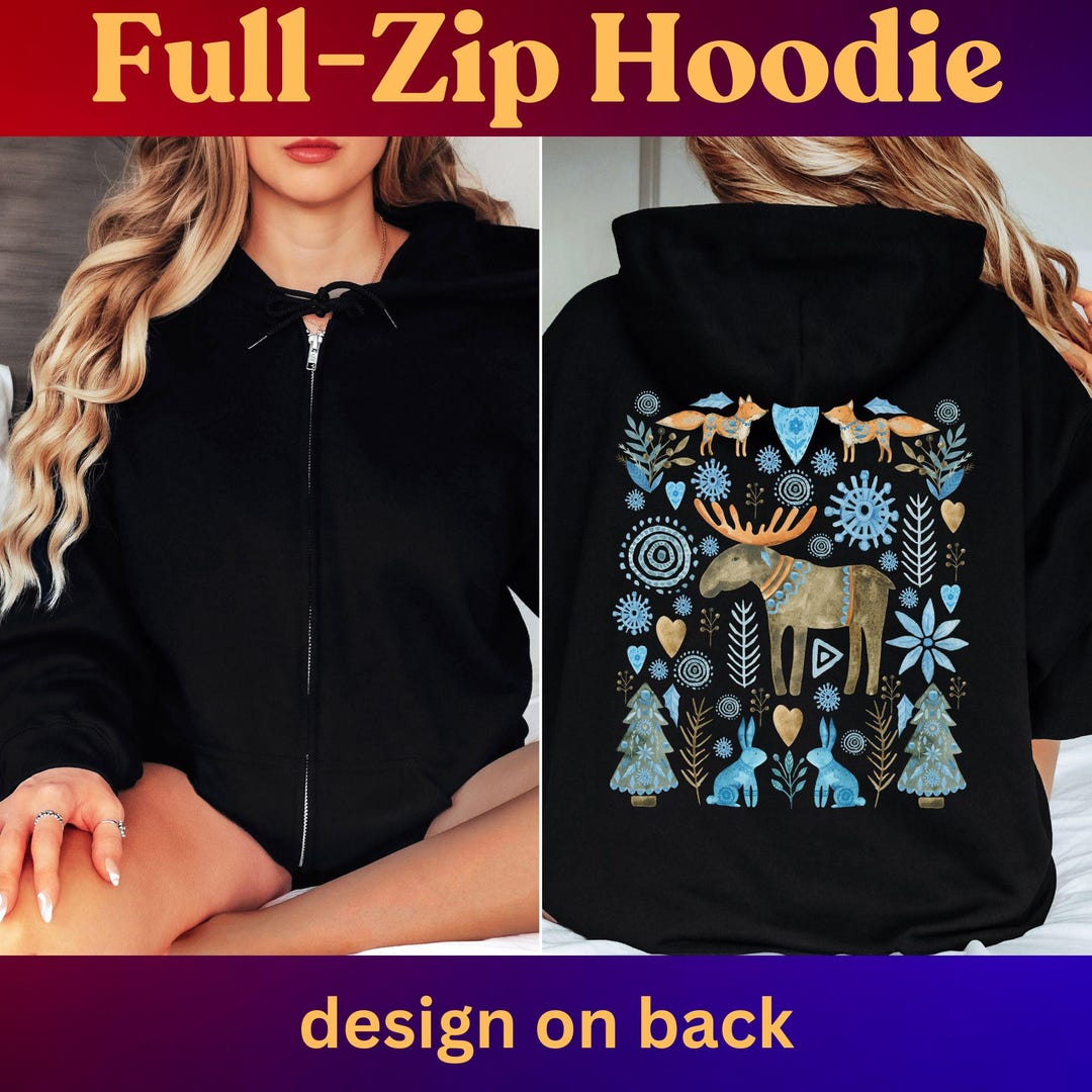 Scandinavian Christmas Moose Hoodie-full Zip Up, Nordic Sweater for ...