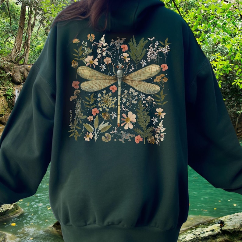Dragonfly Floral Zip Hoodie, Goblincore Cottagecore-full Zip up Hooded ...