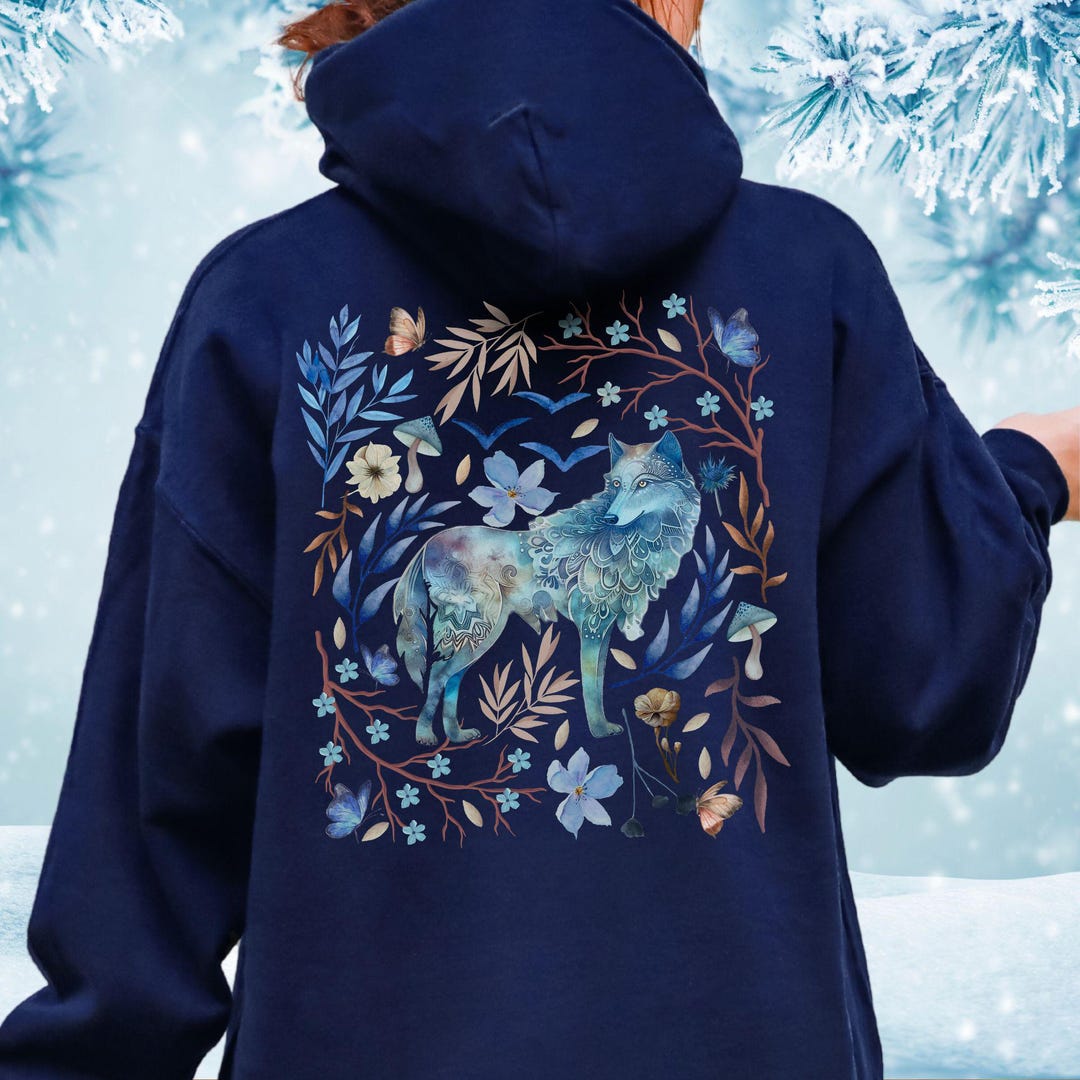 Blue Wolf Zip Hoodie,goblincore Hoody,fairycore Woodland-botanical ...
