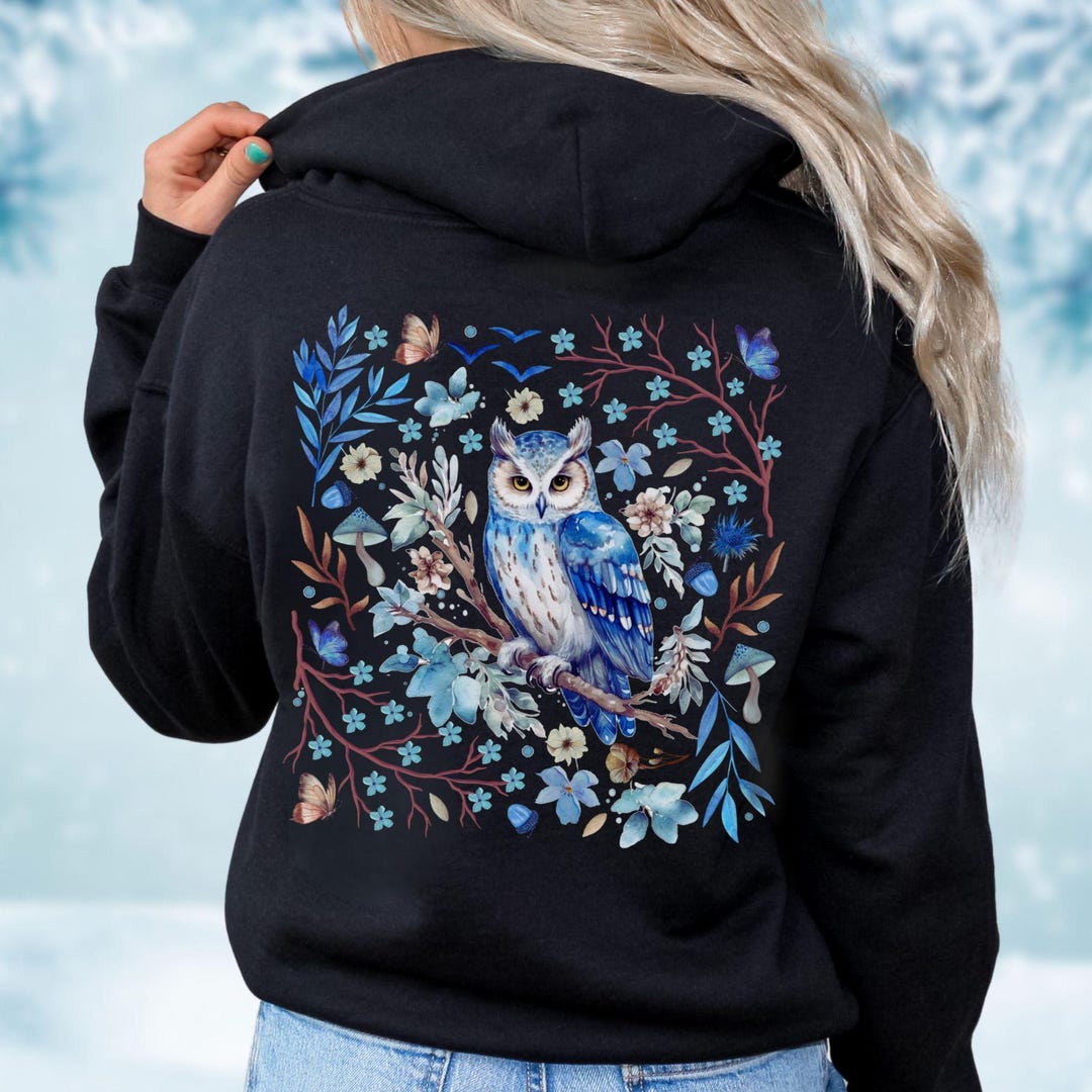 Blue Owl Zip up Hoodie, Cottagecore Floral Owl Sweatshirt,fairycore ...
