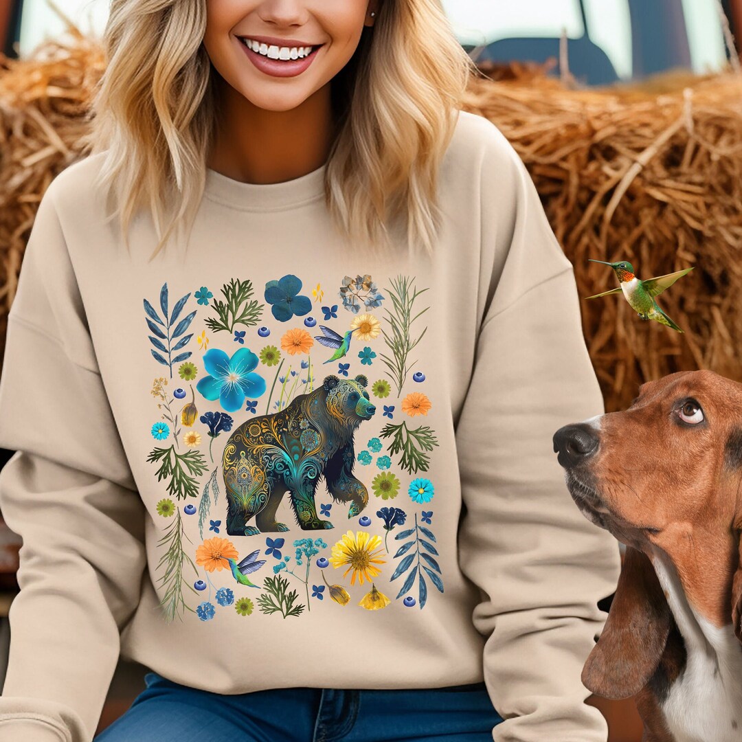Cottagecore Wild Flowers Bear Sweatshirt, Woodland Animals, Cottage ...