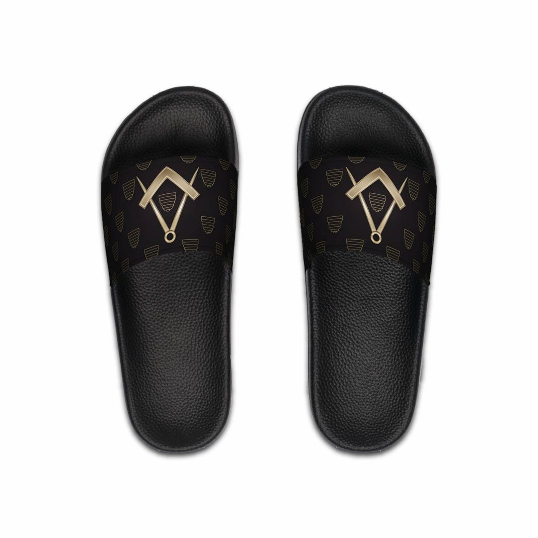 Masonic Square and Compasses Emblem Slide Sandals, Gold and Black ...