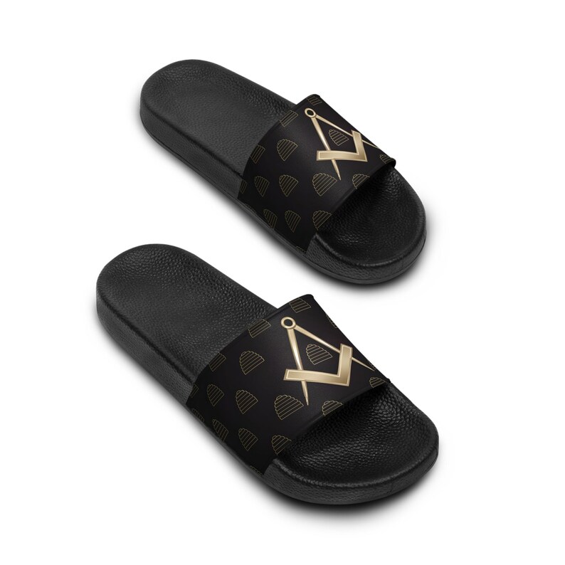 Masonic Square and Compasses Emblem Slide Sandals, Gold and Black ...