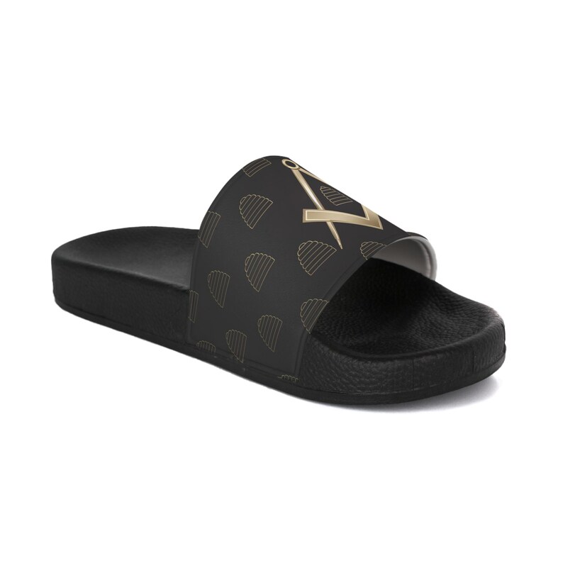 Masonic Square and Compasses Emblem Slide Sandals, Gold and Black ...