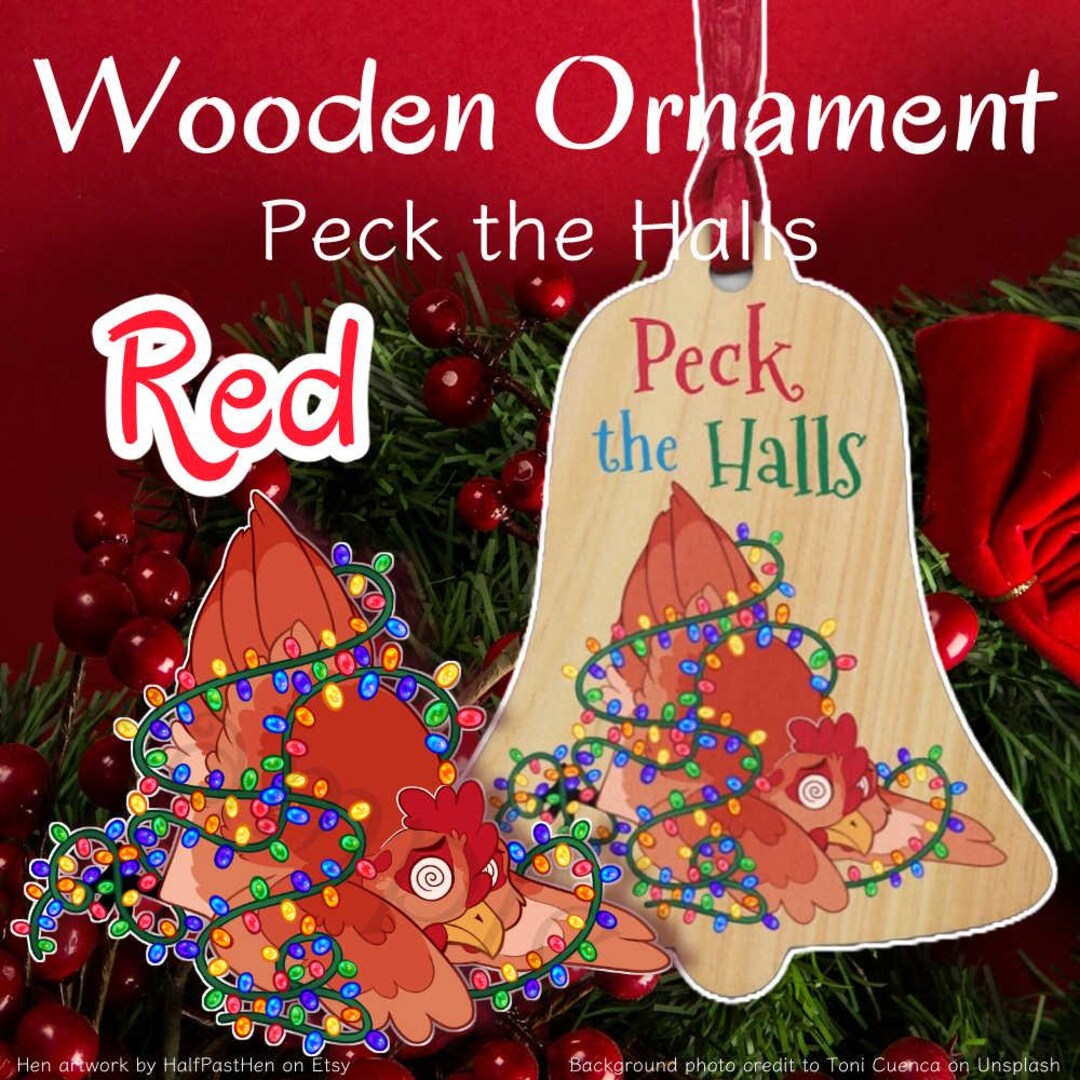 Hen Tangled in Colorful Christmas Lights, Wooden Tree Ornament, Peck ...