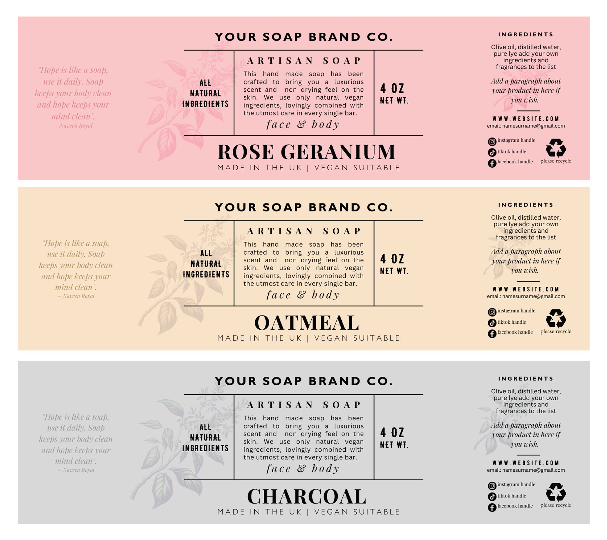 Handmade Soap Label Canva Template 3 Sizes Plus a Thank You Card ...