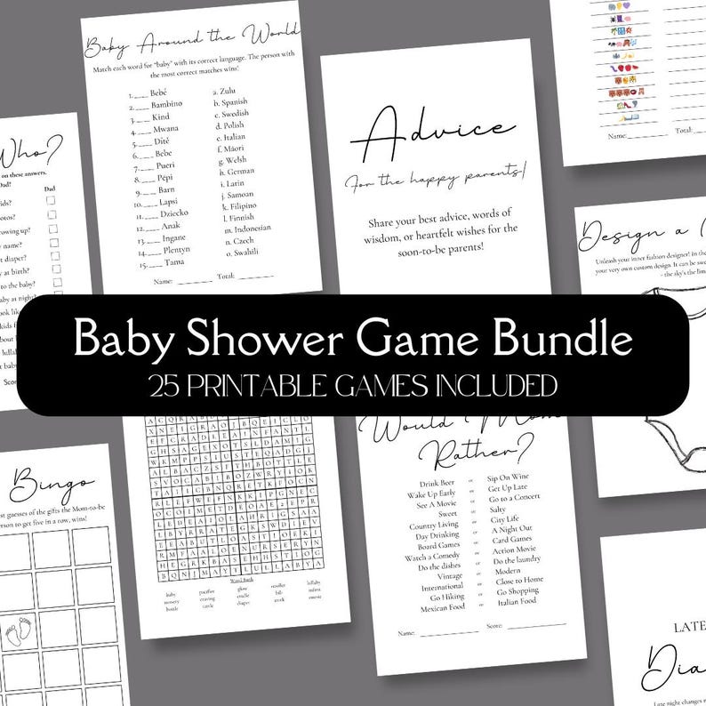 Minimalist Baby Shower Games Bundle: 25 Printable Activities (digital ...