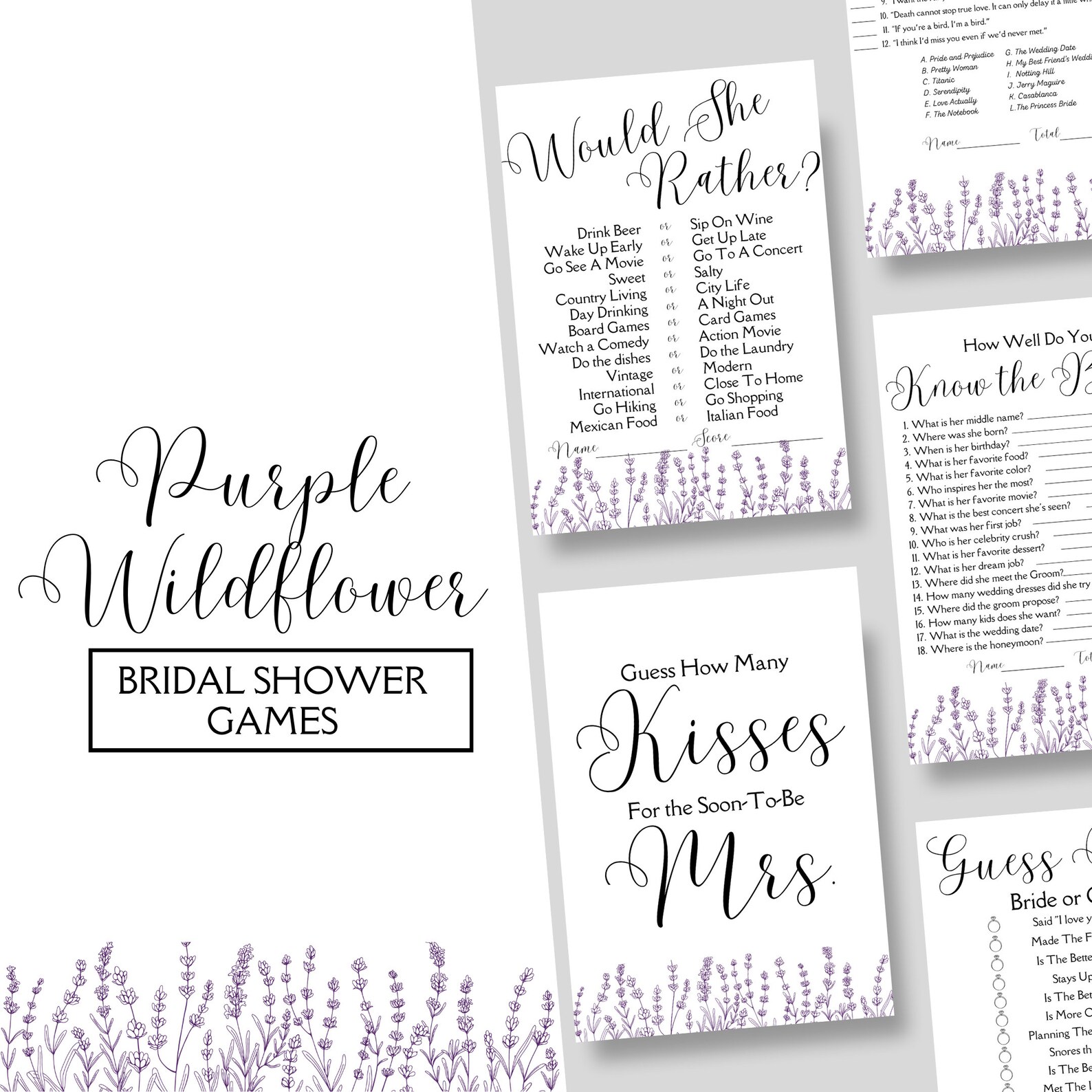 Purple Wildflower Bridal Shower Games | 8 Printable Activities (digital ...
