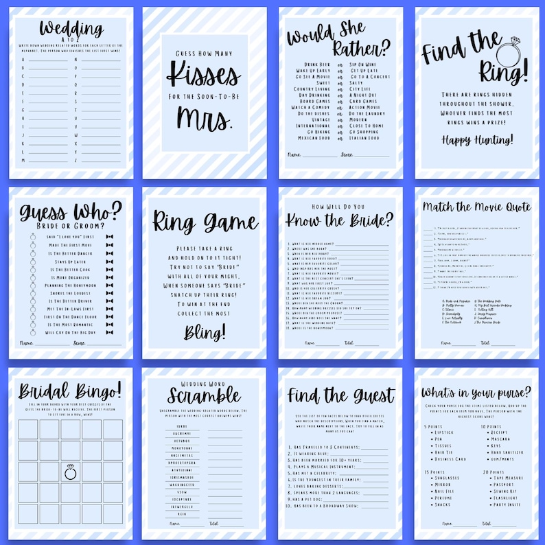 Something Blue Bridal Shower Games Bundle | 20 Printable Activities ...