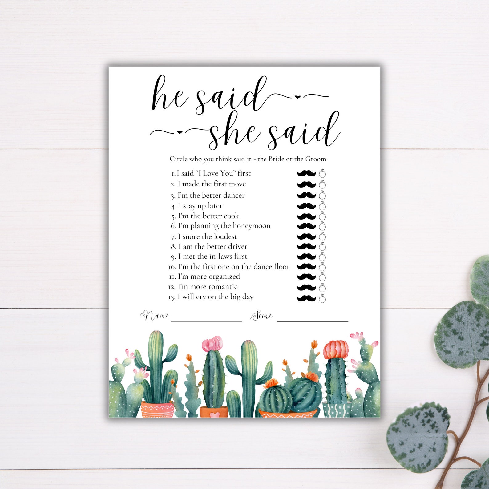 He Said She Said Bridal Shower Game / Succulent Themed Bridal Shower ...