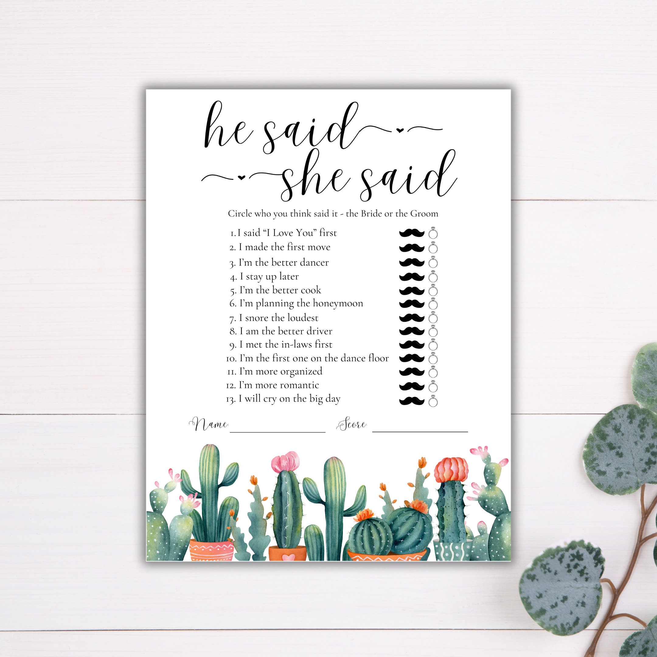 He Said She Said Bridal Shower Game / Succulent Themed Bridal Shower ...