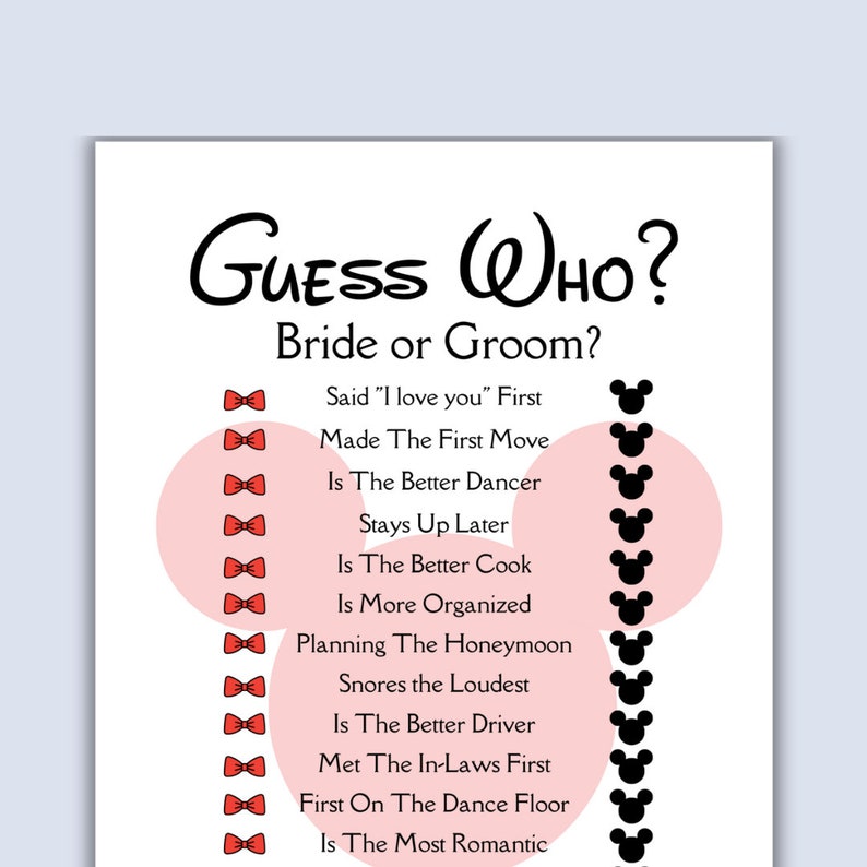Mickey Minnie Themed Guess Who Bridal Shower Game / Bridal - Etsy
