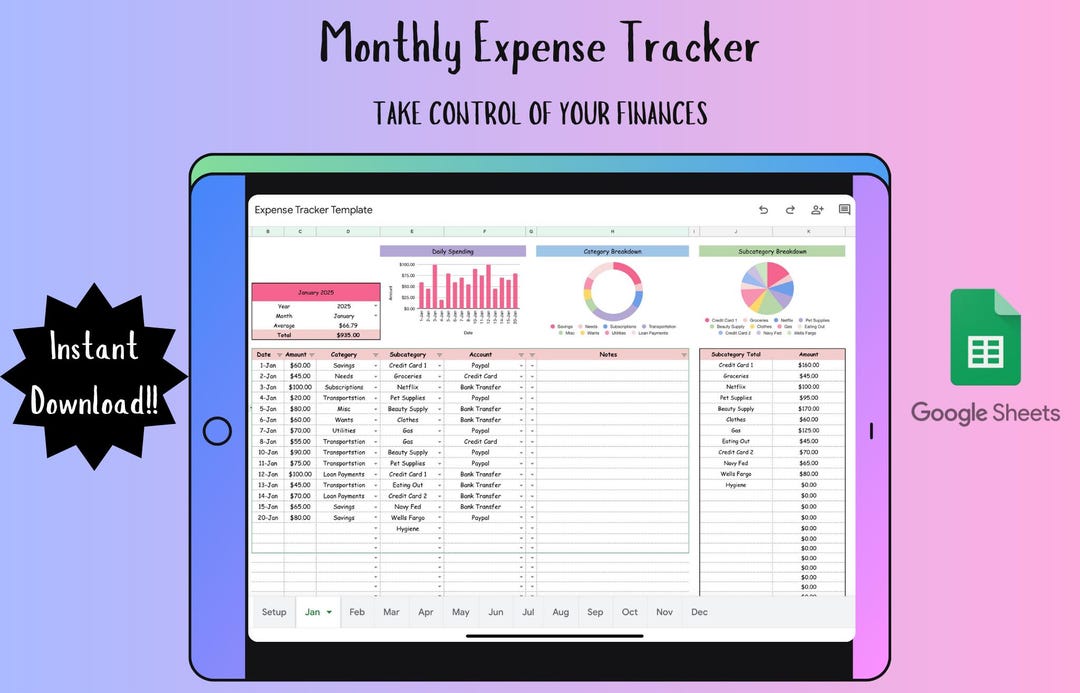 Monthly Expense Tracker Spreadsheet Template - Etsy