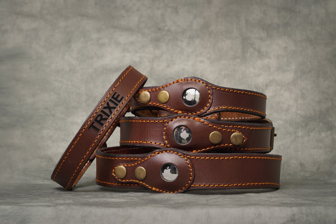 Handcrafted Genuine Leather Dog Collar With AirTag Pouch - Etsy