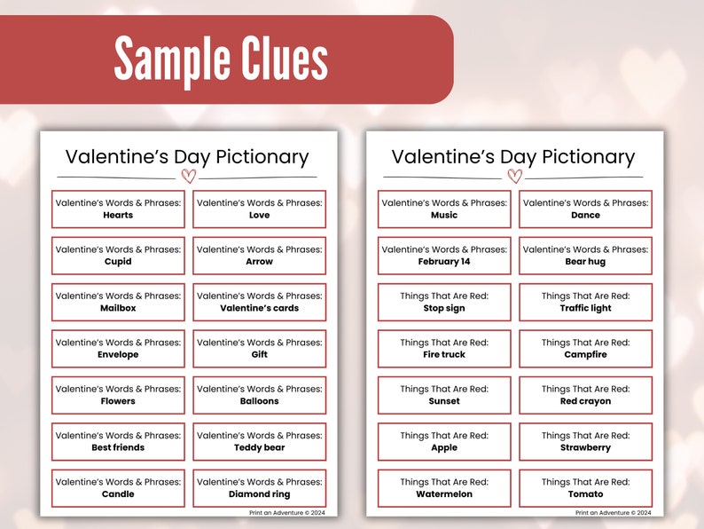 Printable Valentines Day Pictionary for Kids 58 Cards Valentines Day ...