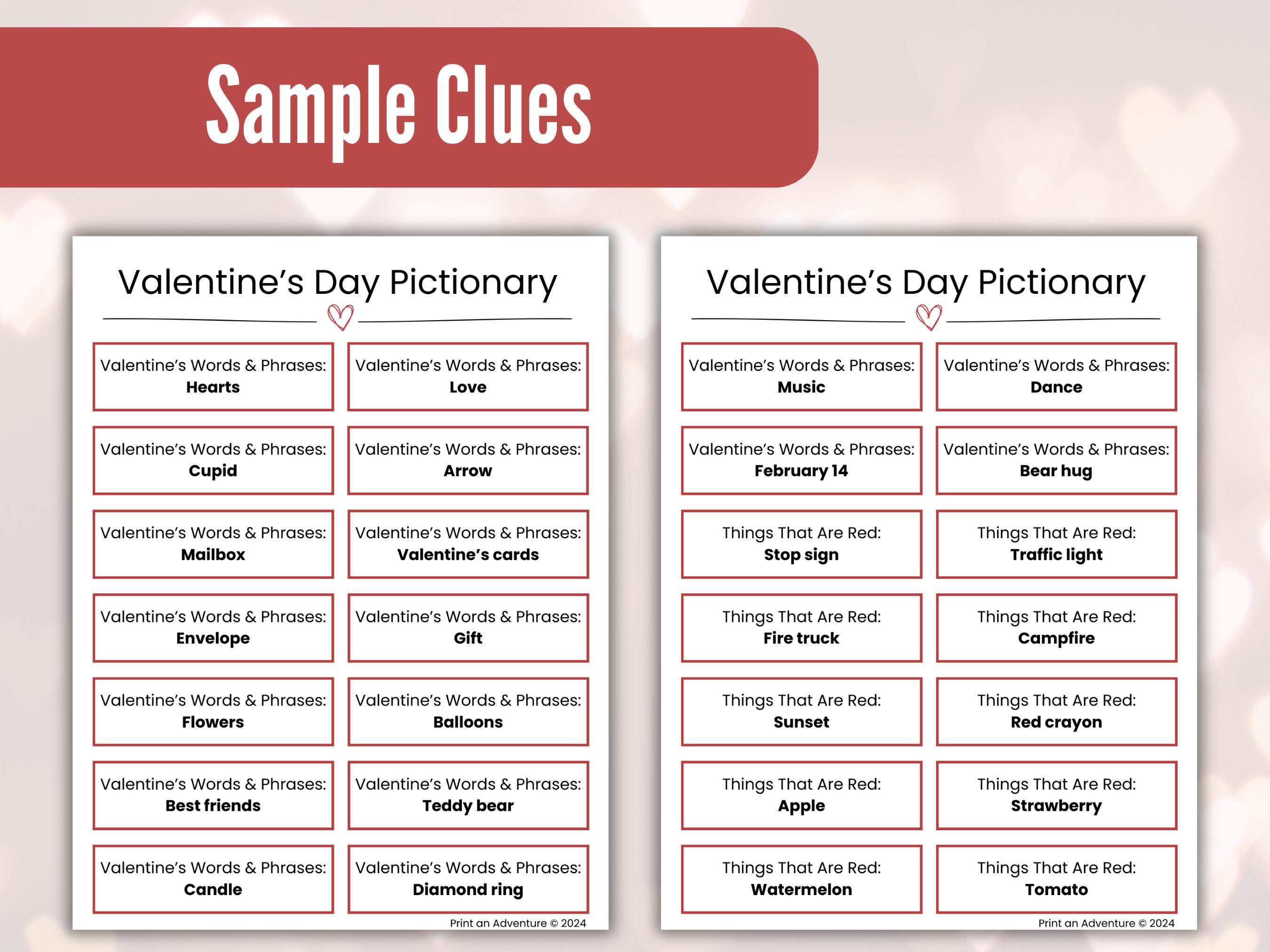 Printable Valentines Day Pictionary for Kids 58 Cards Valentines Day ...