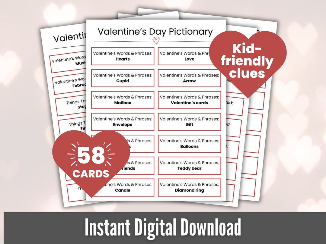 Printable Valentines Day Pictionary for Kids 58 Cards Valentines Day ...