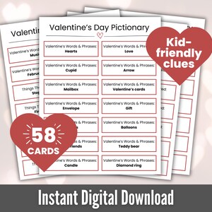 Printable Valentines Day Pictionary for Kids 58 Cards Valentines Day ...