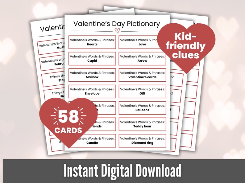 Printable Valentines Day Pictionary for Kids 58 Cards Valentines Day ...