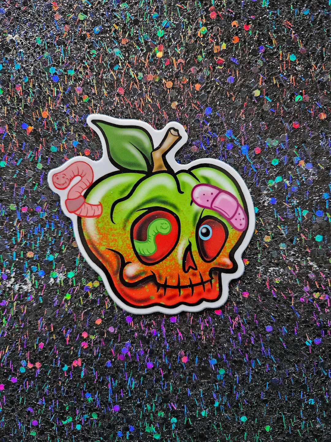 Apple Skull Sticker With Worm and Bandage - Etsy