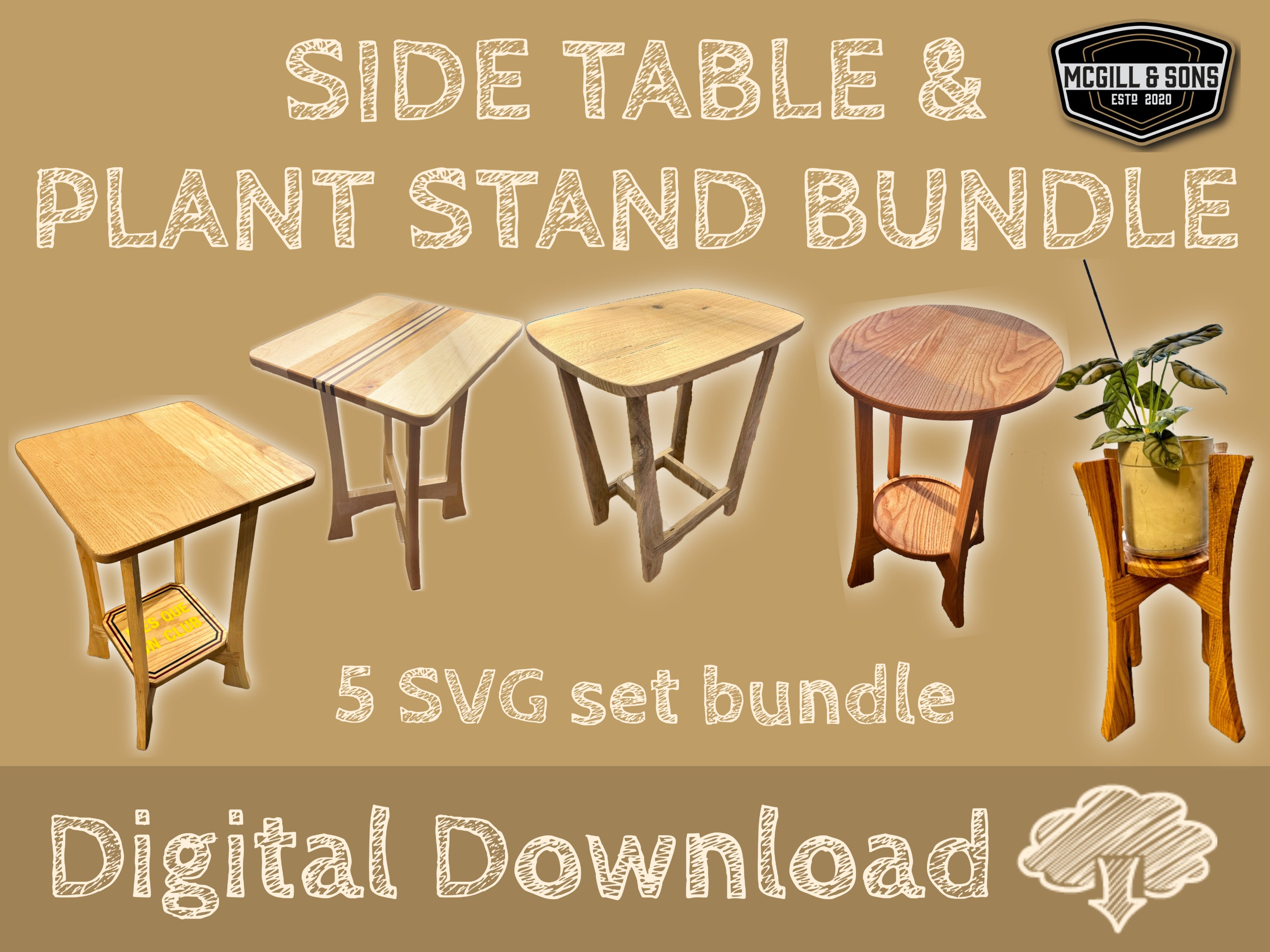 Side Table & Plant Stand BUNDLE of 5 SVG Vector File Sets for CNC ...