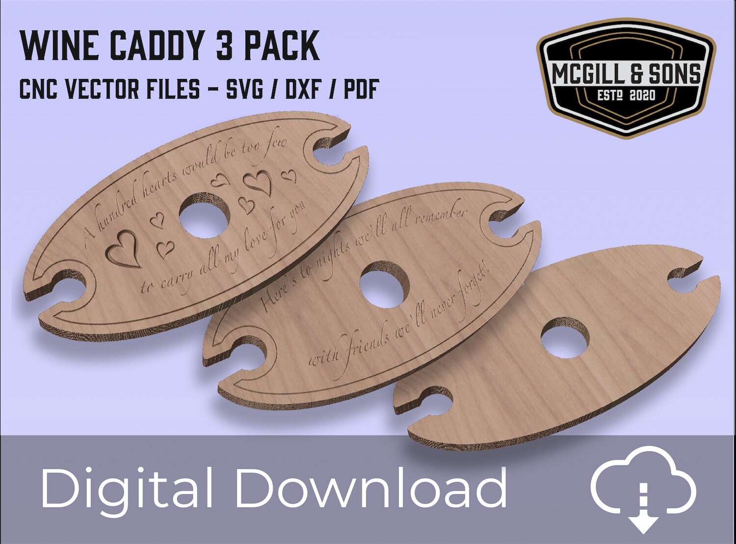 CNC Vector File. Wine Caddy Wine Bottle + Two Glasses. SVG Vector, DXF ...