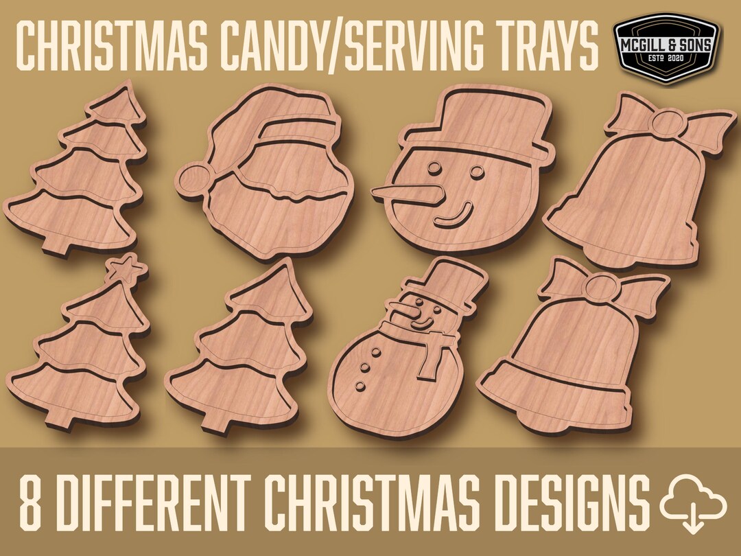 8 Christmas Candy / Serving Trays. 3 Trees, 2 Snowmen, 2 Bells, & a ...