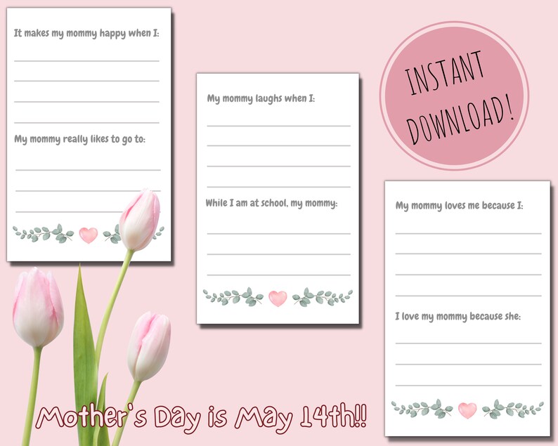 Mother's Day Printable, All About My Mom, Fill in the Blanks, Gift for ...