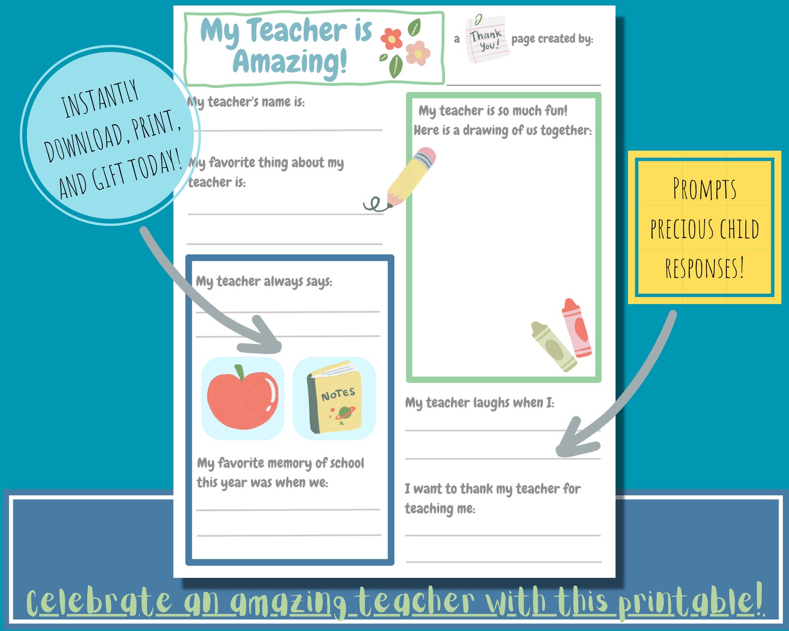 Teacher Appreciation Card, All About My Teacher, Teacher Gift ...