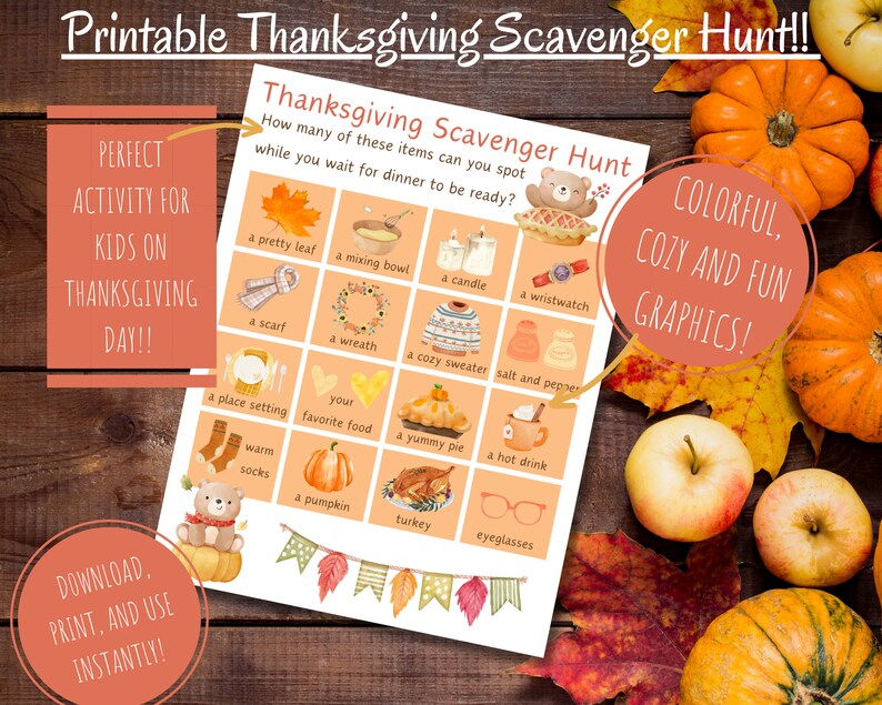Thanksgiving Scavenger Hunt Printable, Thanksgiving Activity for Kids ...