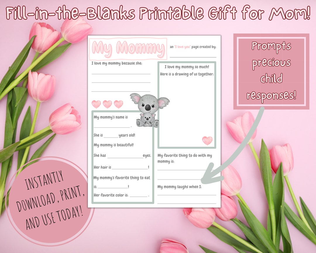 All About My Mom, Mother's Day Printable, Fill in the Blanks, Gift for ...