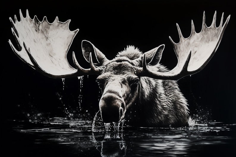 Moose Black and White Printable Painting Wall Art, Cabin Décor ...