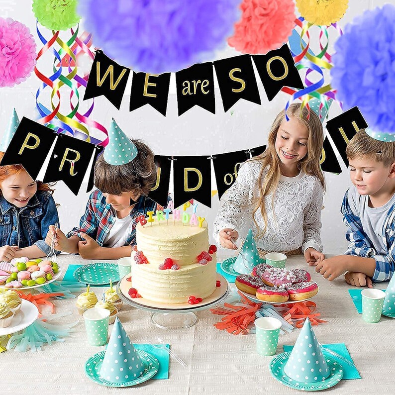 Happy Graduation Banner Color Black and Gold With 6 Pom Poms - Etsy