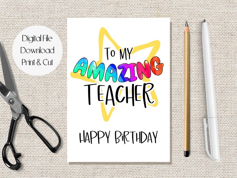 Teacher Birthday Card, Rainbow Lettering, Printable Card (digital ...