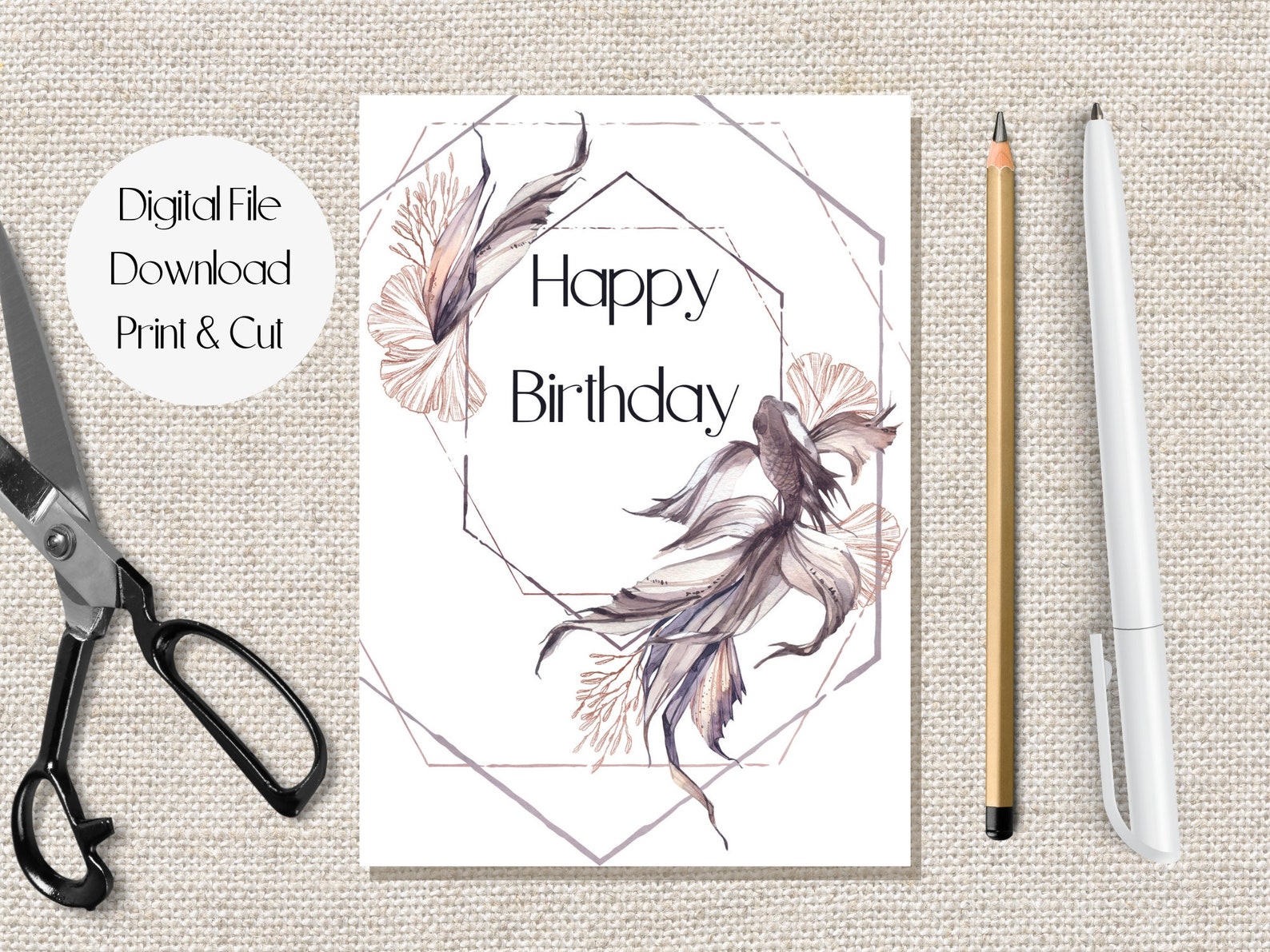 Printable Fish Happy Birthday Card, Fish and Flora B-day Card - Etsy