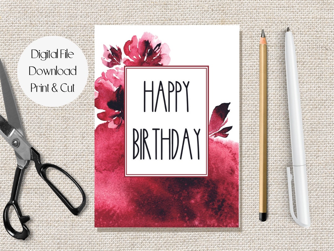 Printable Passion Birthday Card, Passion Red Watercolor Flowers, Happy ...