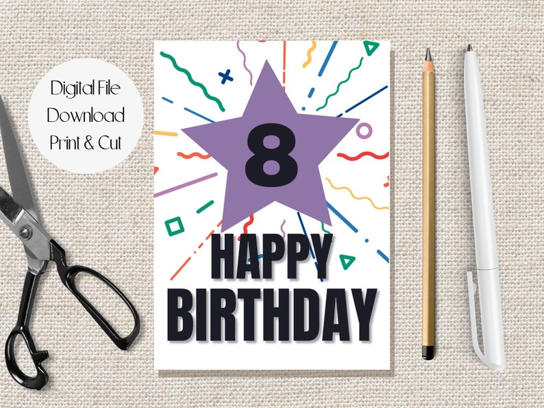 Printable Birthday Card, 8 Years Old Happy Birthday Wish, Happy 8th ...
