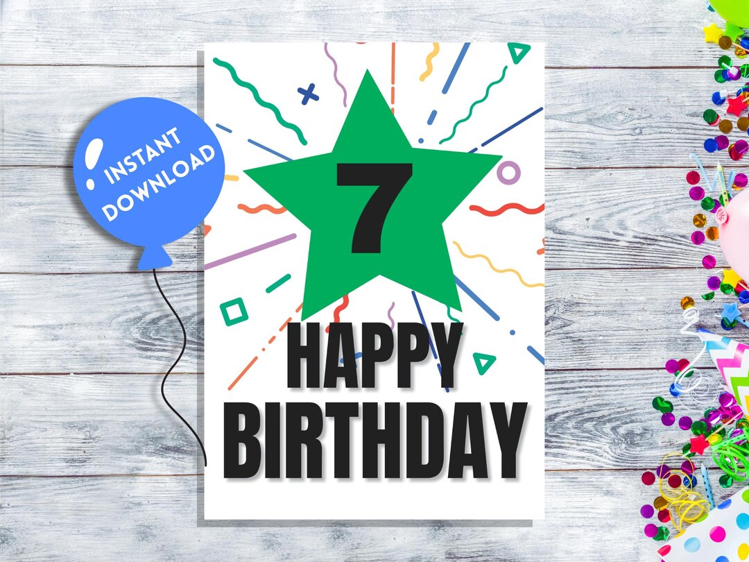 7th Birthday Card Printable: Happy Birthday Wish (digital Download, 5x7 ...