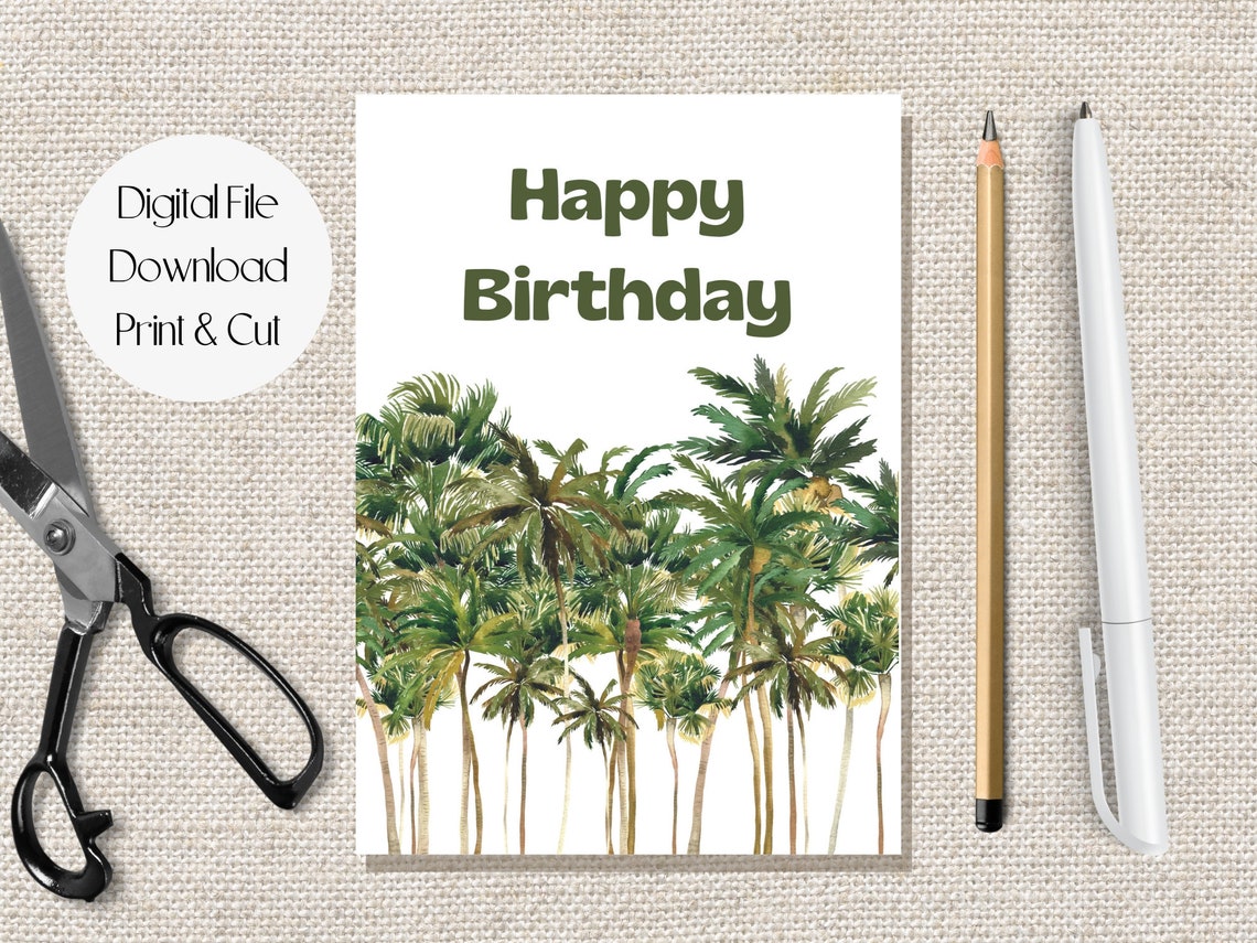 Printable Birthday Card, Palm Tree Vacation Birthday Card, Watercolor ...