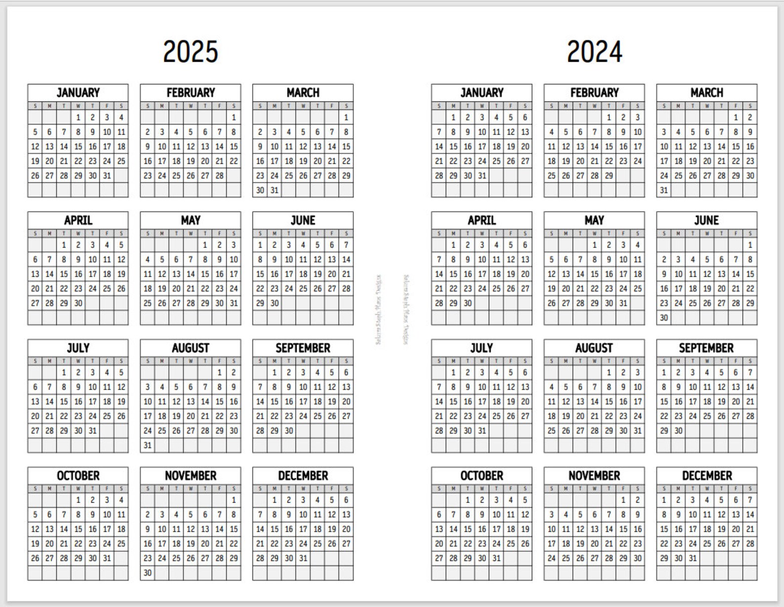 Printable 2024 & 2025 Year on 1 Page Calendar | Half Letter Planner ...