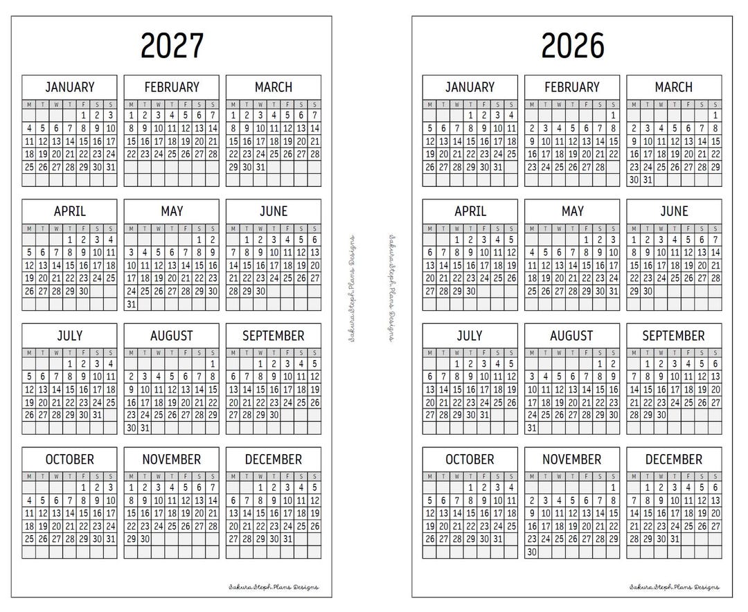 Calendrier 2026 et 2027 imprimable sur 1 page | Encarts pour agenda ...